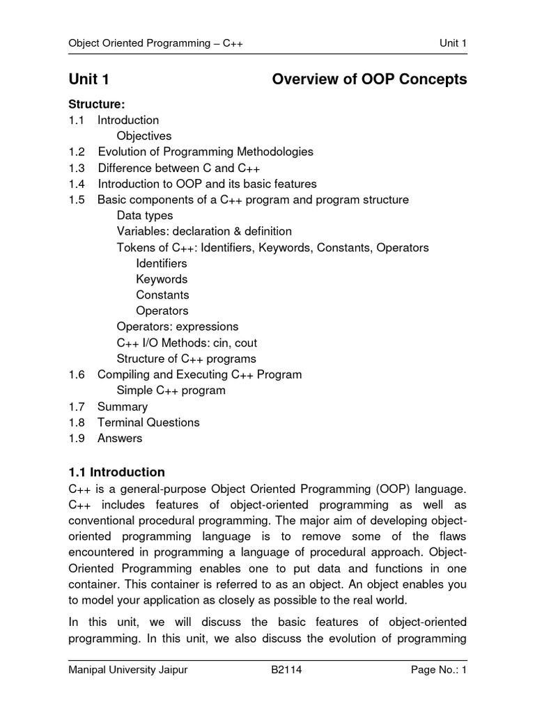 Unit 01 Overview of OOP Concepts | PDF | C++ | Programming