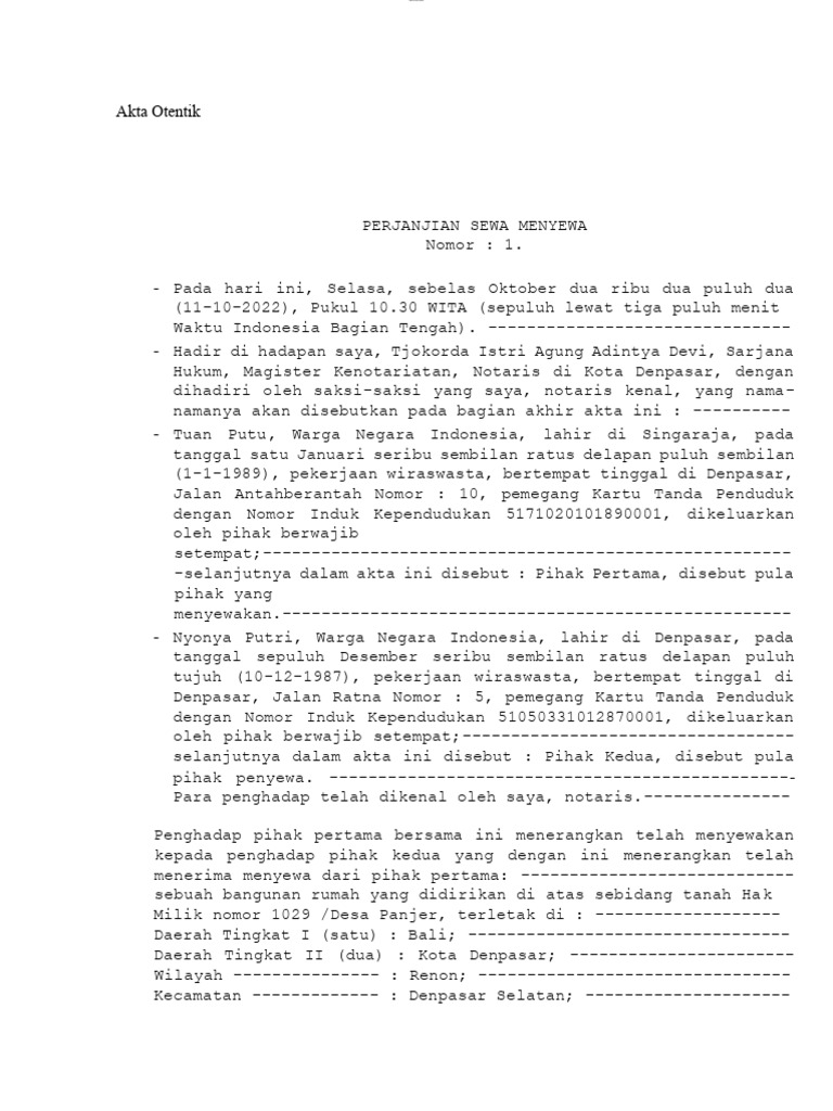 Perjanjian Sewa Rumah di Denpasar | PDF