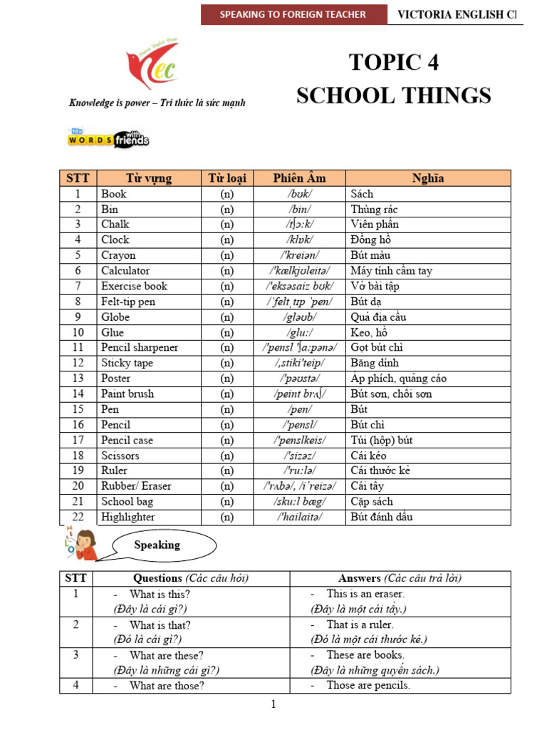 Topic 4 - School Things | PDF