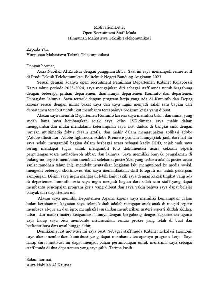 Contoh Motivation Letter | PDF
