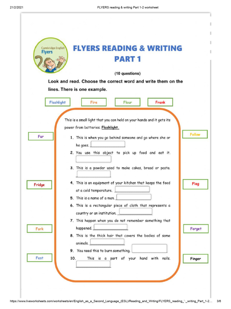 FLYERS Reading & Writing Part 1-2 Worksheet | PDF