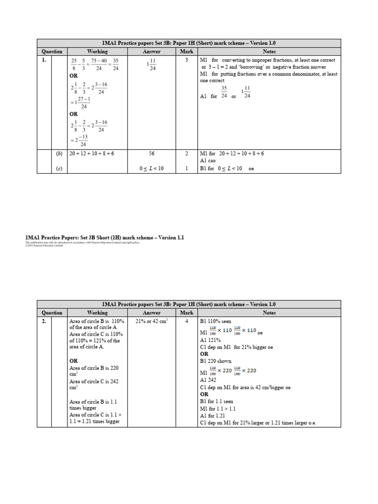04b Practice Papers Set 3B - Paper 1H Mark Scheme | PDF | Arithmetic | Mathematical Concepts