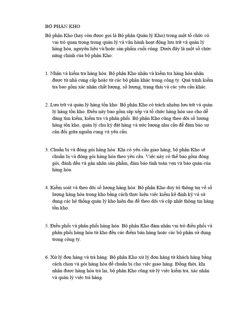 BỘ PHẬN KHO | PDF