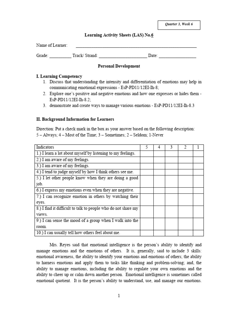 Perdev Q3 Las 6 | PDF | Learning | Emotions