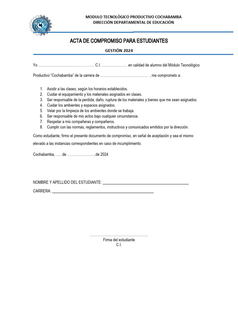 Modelo Acta De Compromiso Para Estudiantes
