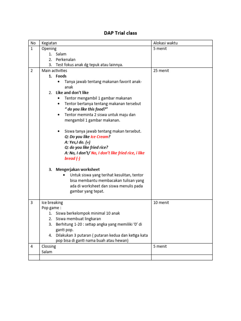 Kegiatan Trial Class DAP | PDF
