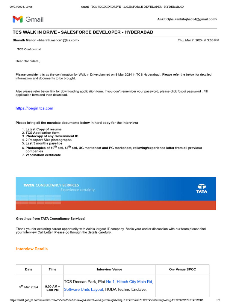 Gmail - TCS WALK IN DRIVE - SALESFORCE DEVELOPER - HYDERABAD | PDF