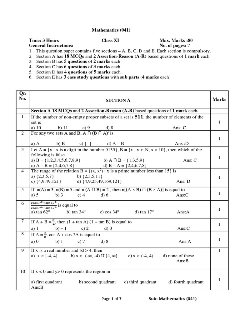 11 Mathematics Practice Paper 2023-24 | PDF | Mathematical Relations ...