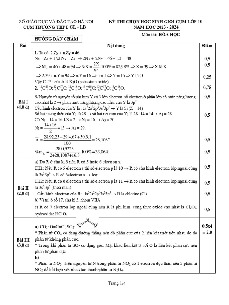 Hsg Hóa Học 10 -Hdc- Cụm Trường Thpt Gl-lb-2024 | PDF