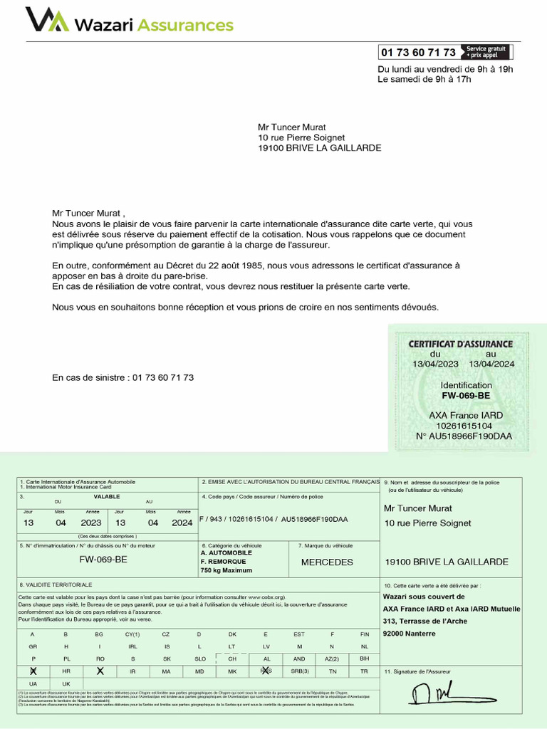 Assurance Attestation Verte Mercedes Fw069be | PDF