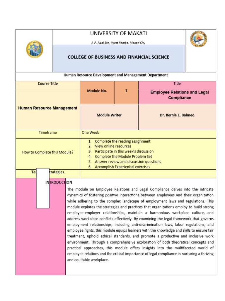 2024-Module 7-Employee Relations and Legal Compliance | PDF ...