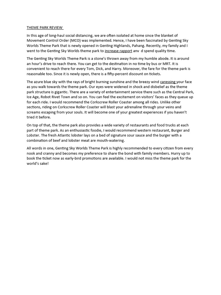 Theme Park Review Essay Example | PDF