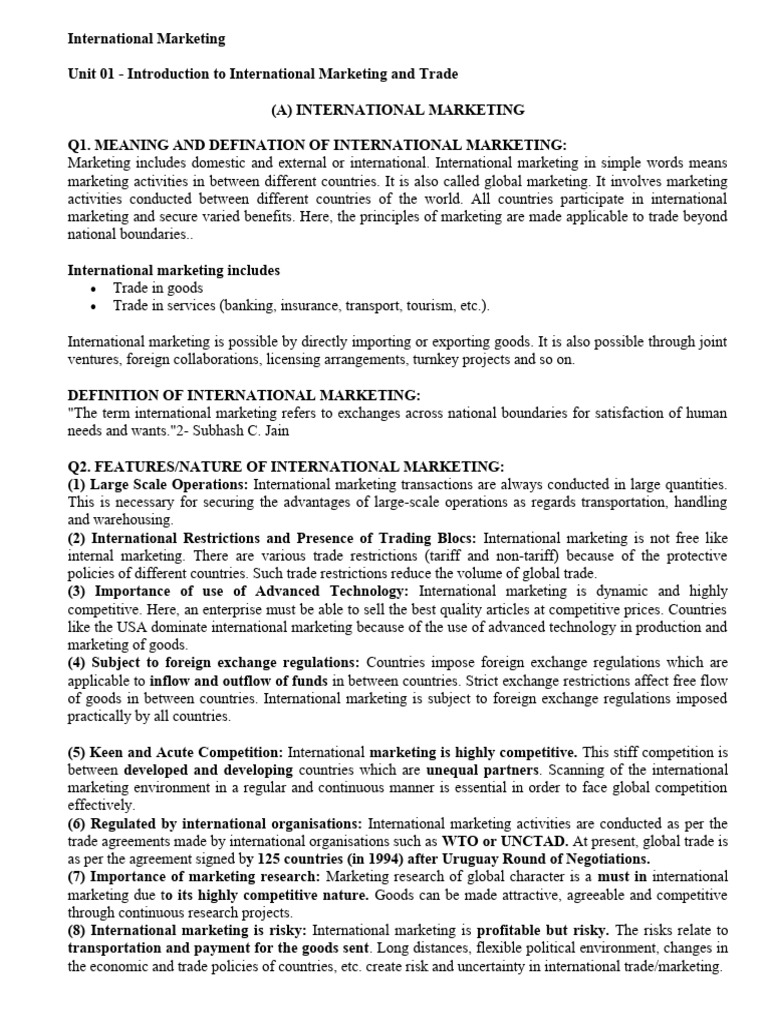 Unit 01 - International Marketing | PDF | Franchising | Mergers And ...