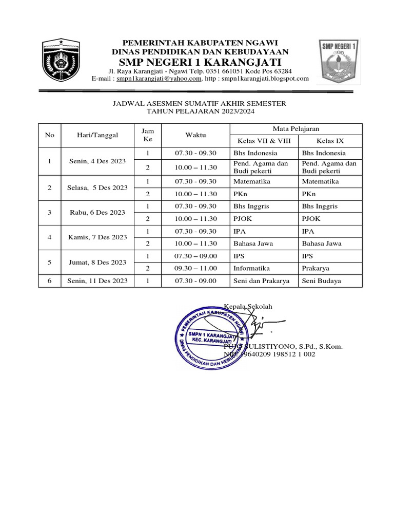 Jadwal Asesmen Sumatif Akhir Semester | PDF