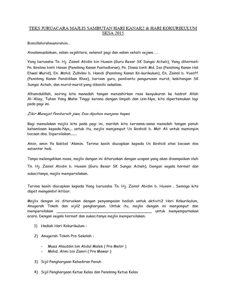 Teks Juruacara Majlis Sambutan Hari Kanak2 & Hari Koku Sksa 2015 | PDF