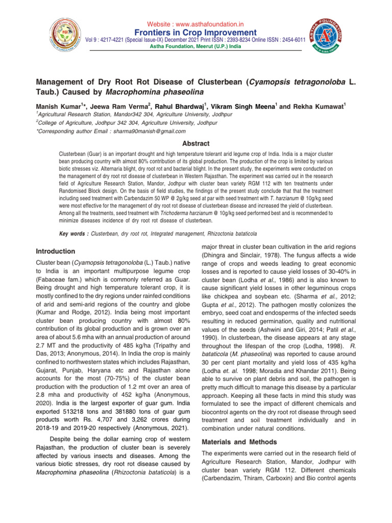 Management of Dry Root Rot Disease of Clusterbean (Cyamopsis ...