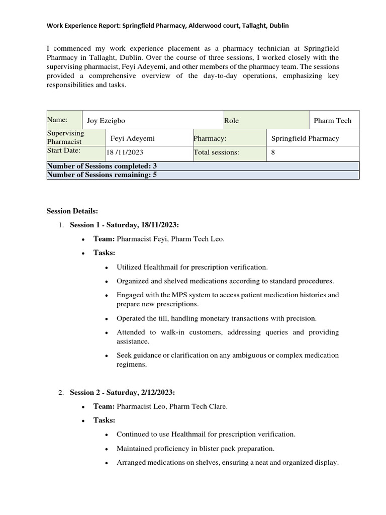 Joy Ezeigbo Work Experience Report | PDF | Pharmacist | Pharmacy