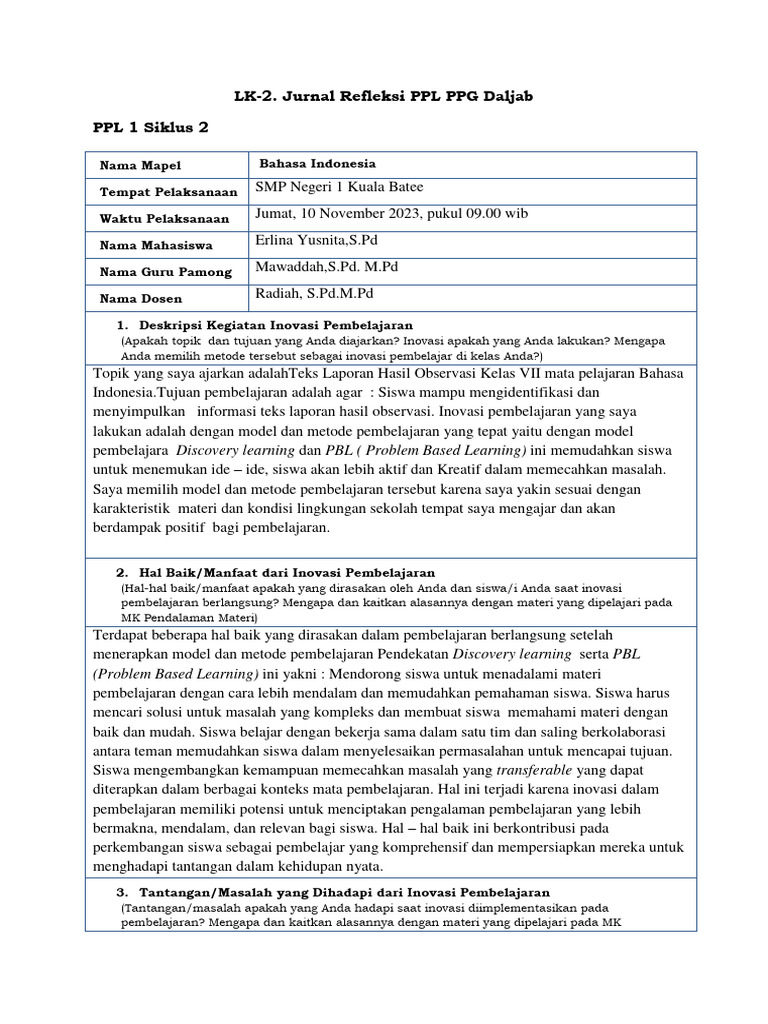 Inovasi Pembelajaran Bahasa Indonesia di SMP Negeri 1 Kuala Batee | PDF