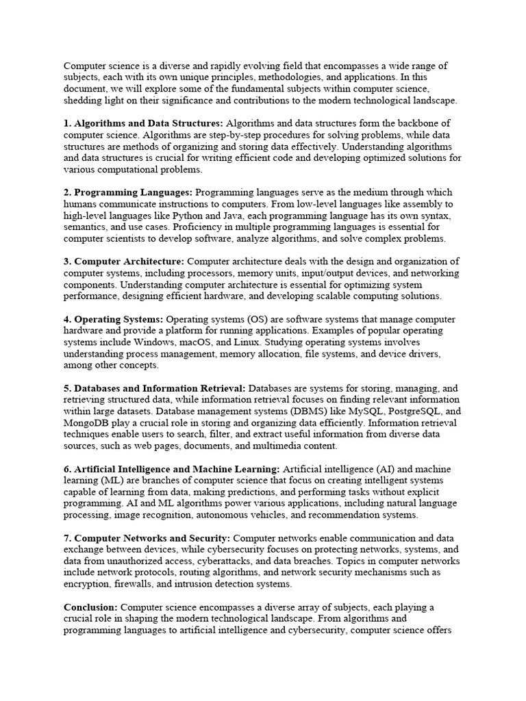 Computer Science Is A Diverse and Rapidly Evolving Field That Encompasses A Wide Range of ...