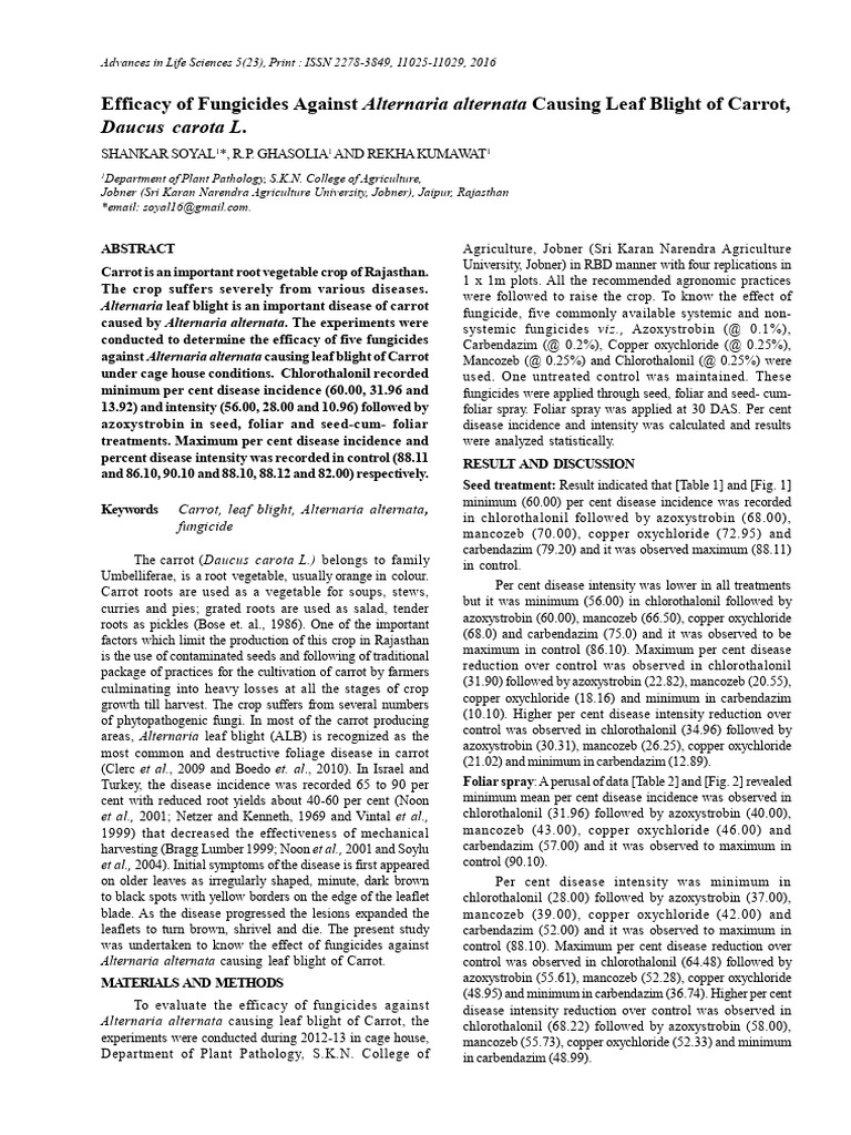 Efficacy of Fungicides Against Alternaria Alternata Causing Leaf Blight of Carrot, Daucus Carota ...