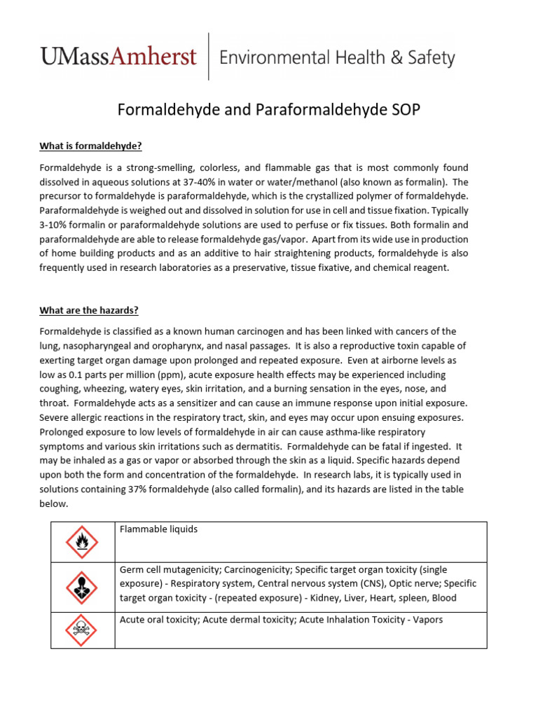 Formaldehyde and Paraformaldehyde SOP - SL Updated | PDF | Formaldehyde | Toxicity