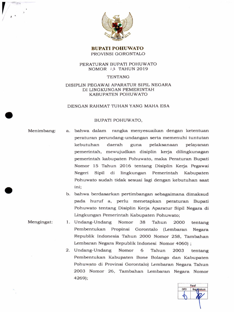 PERBUP Pohuwato No 13 TH 2019 TTG Disiplin Pegawai ASN | PDF