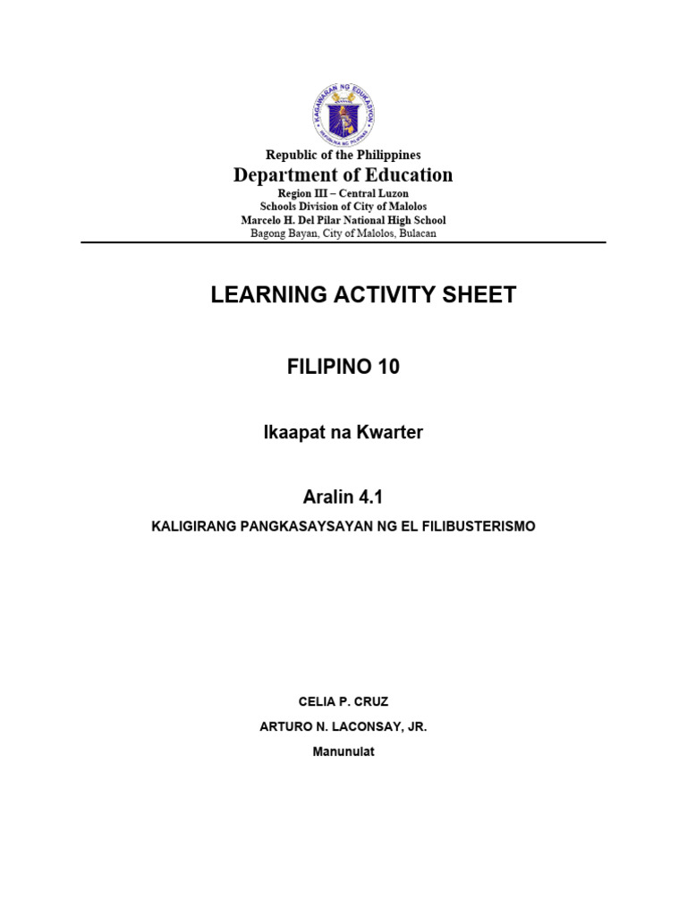 Learning Activity El Fili 4.1 Kaligiran | PDF