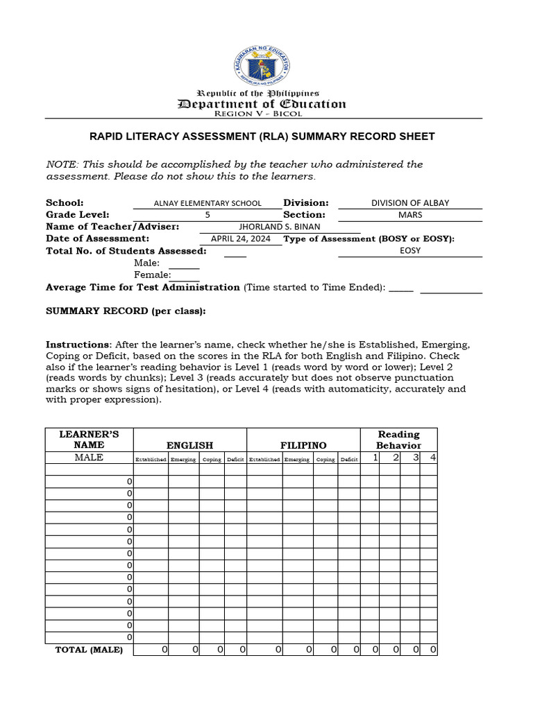 Grade 5 Rla Filipino Pdf Microsoft Excel Office Suites