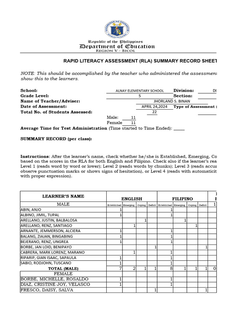 Grade 5 Earth Rla Result | PDF | Reading (Process) | Education Theory