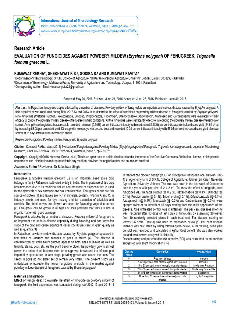 EVALUATION OF FUNGICIDES AGAINST POWDERY MILDEW (Erysiphe Polygoni) OF ...