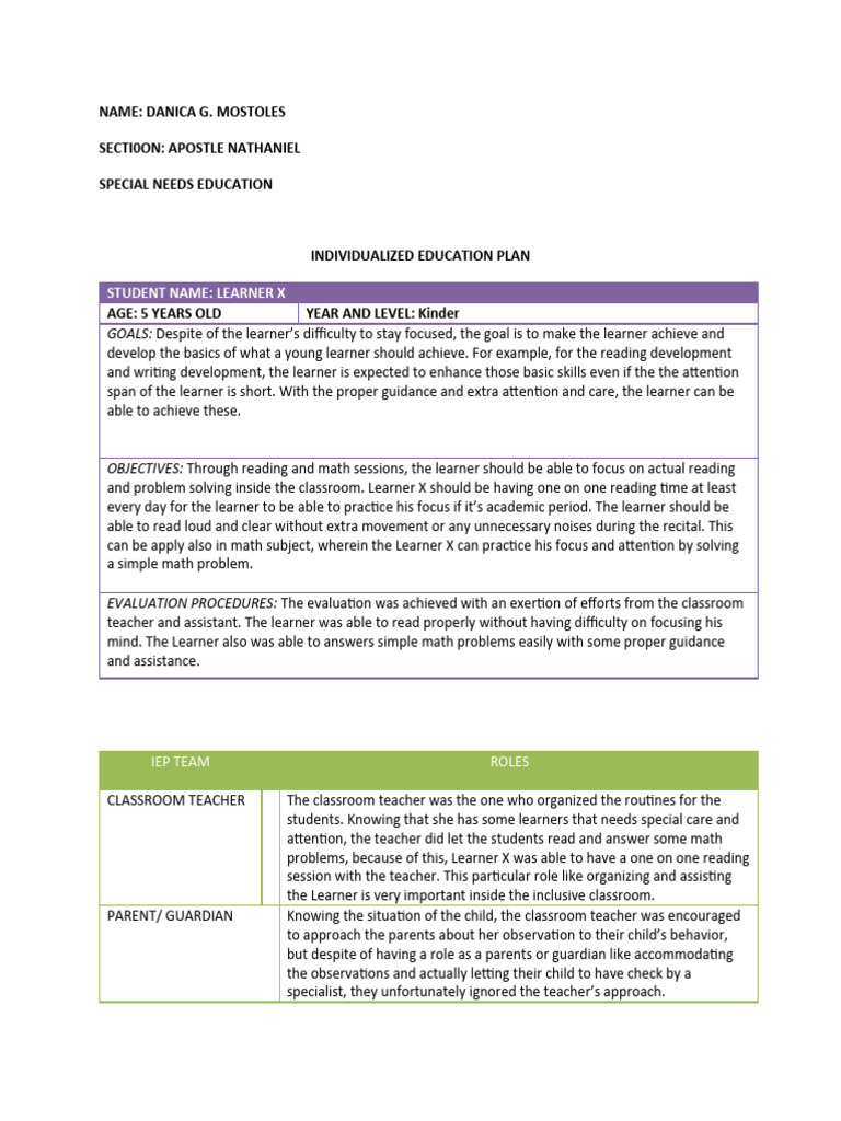 Sned Iep - Learner X | PDF | Teachers | Individualized Education Program