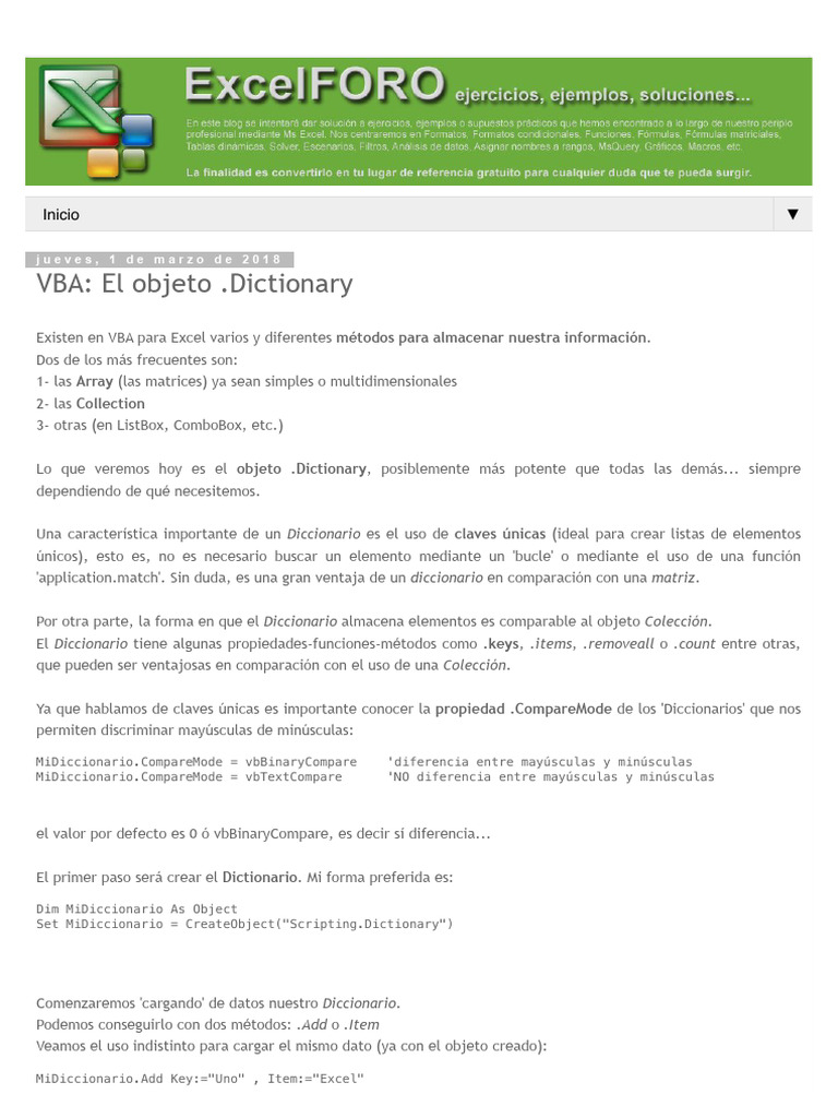 VBA: El Objeto .Dictionary | PDF | Matriz (Matemáticas) | Programación de computadoras