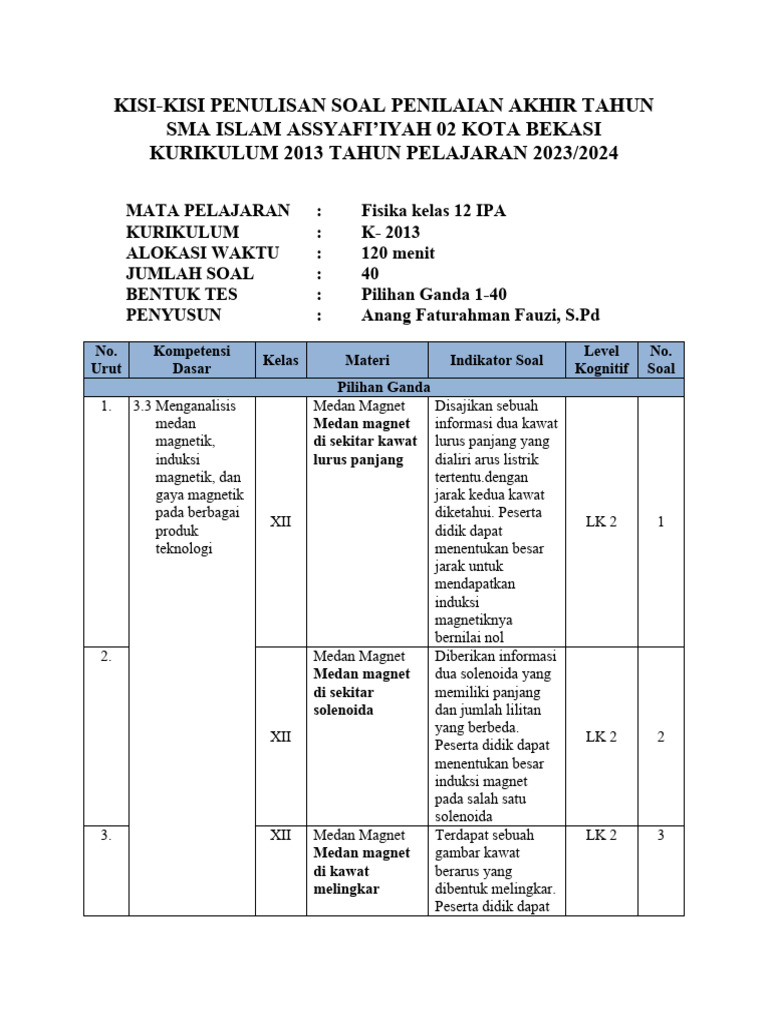 Kisi-Kisi Pas Fisika Kelas 12 Ipa 2023-2024 | PDF