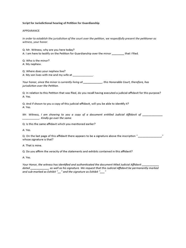 Jurisdictional Hearing Script for Guardianship | PDF
