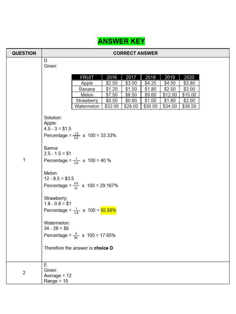 Week 10 - Year 5 - Math Extension Homework Answers | PDF | Fruit