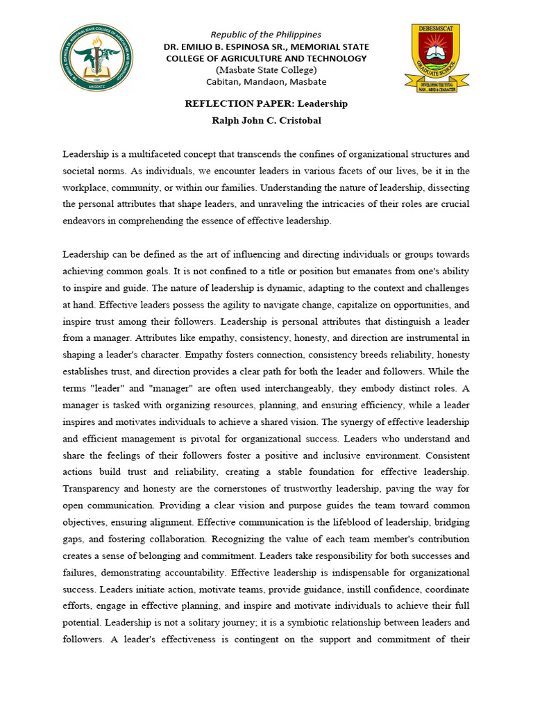 Leadership-Reflection Paper (Educ 290) | PDF | Leadership ...