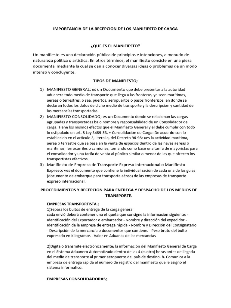 IMPORTANCIA DE LA RECEPCION DE LOS MANIFIESTO DE CARGA Unidad 2 | PDF | Transporte | aduana