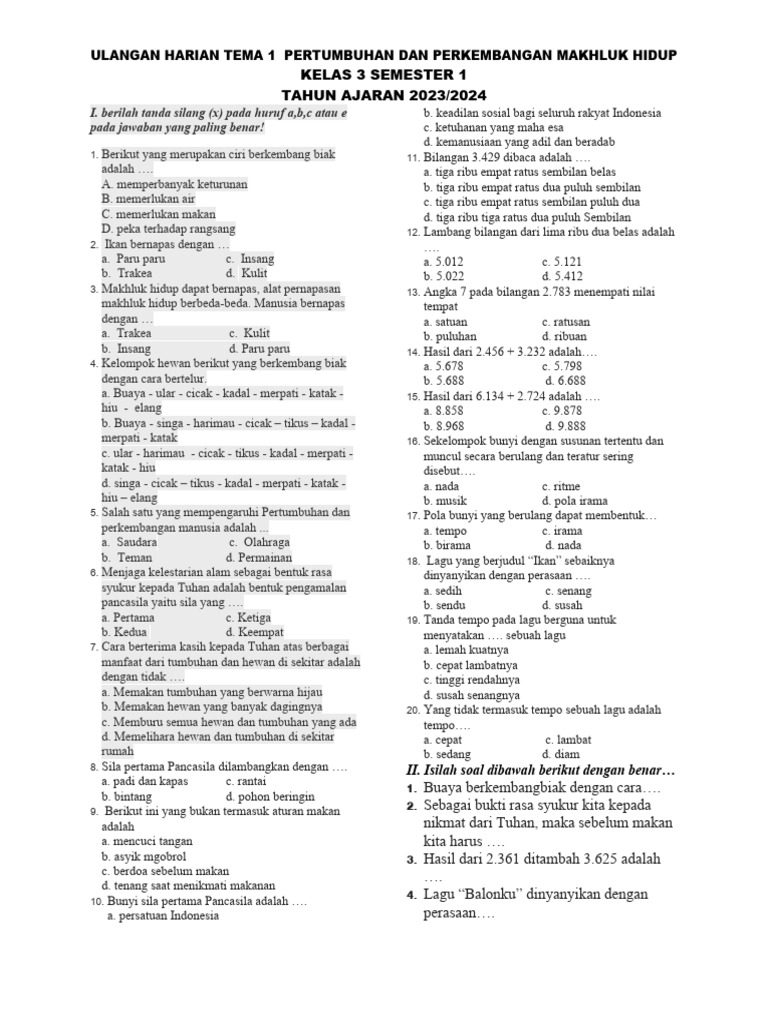 Soal Tema 1 Kelas 3 (2023) | PDF