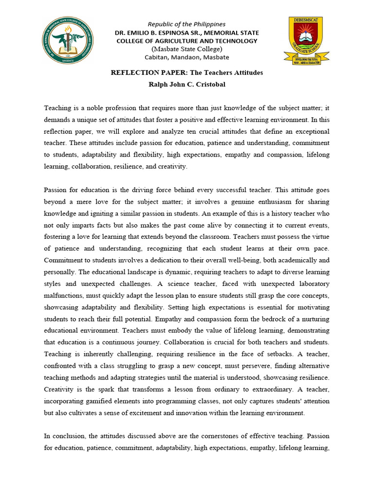 The Teachers Attitude-Reflection Paper (Educ 290) | PDF | Teachers | Learning