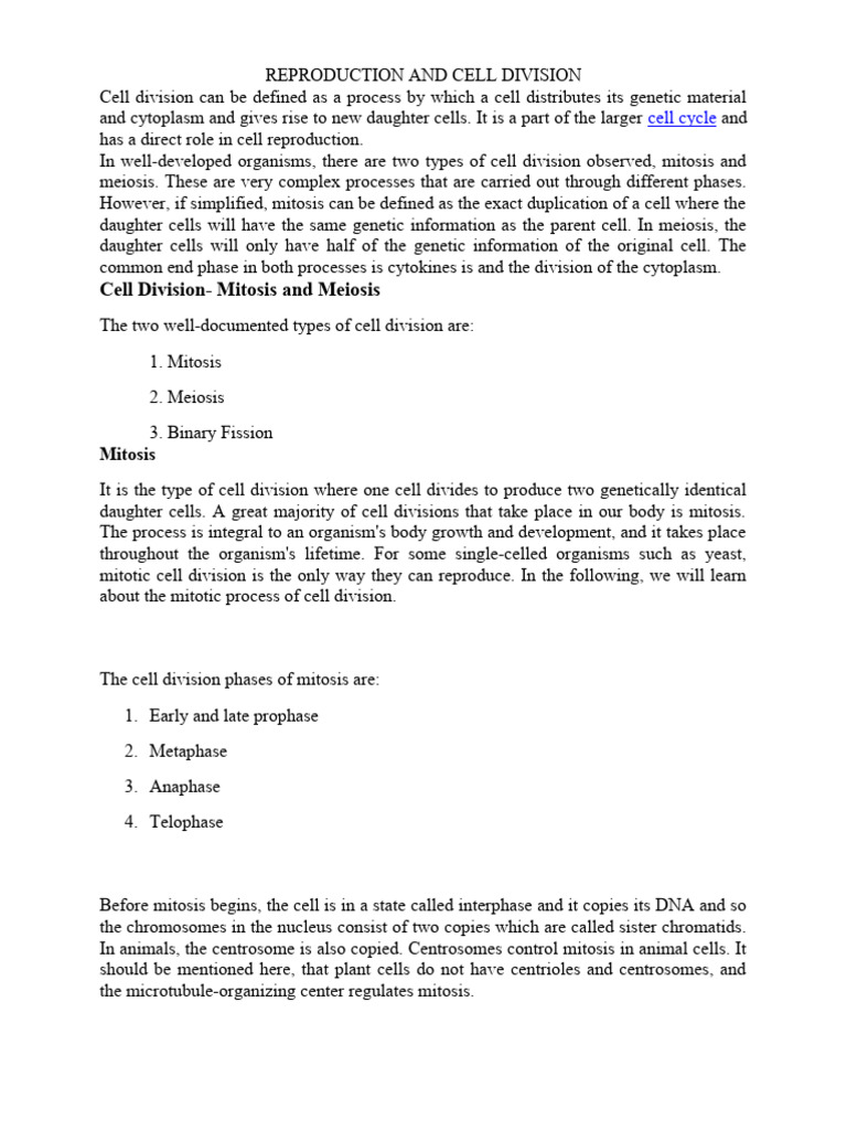 Reproduction and Cell Division | PDF | Mitosis | Meiosis