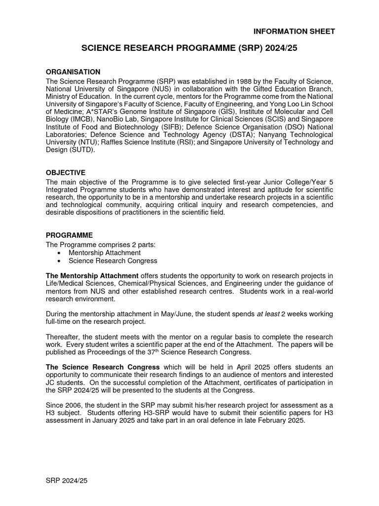Information Sheet Srp2024 To 2025 Updatedstudents | PDF | Science | Inquiry