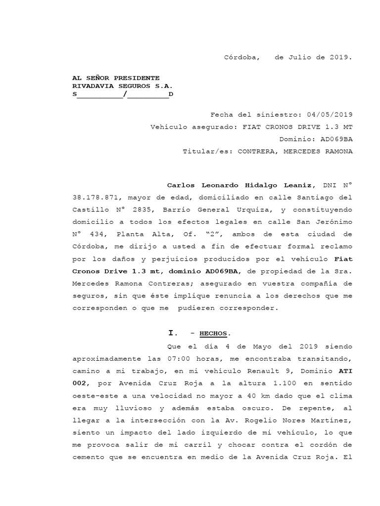 Reclamo Extrajudicial Al Seguro Rivadavia - Hidalgo C Contrera | PDF ...