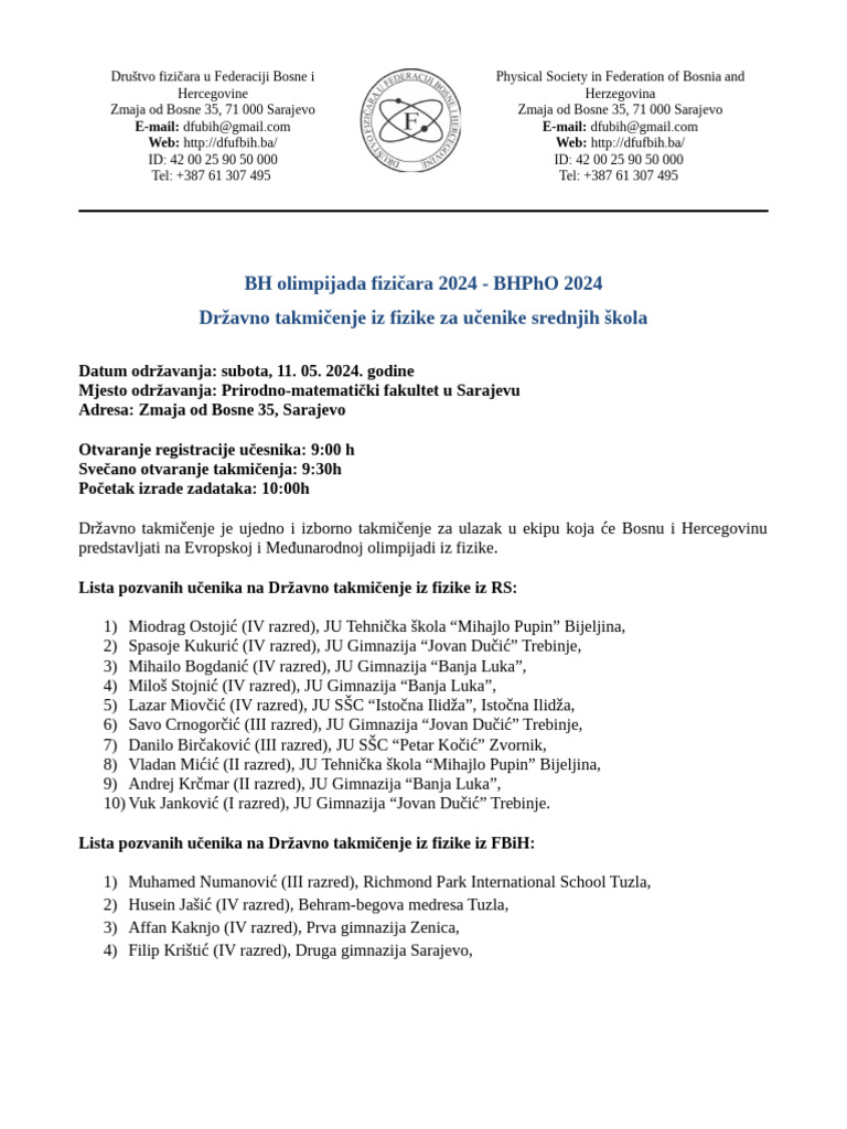 BHPhO2024 Pozvani Ucenici | PDF