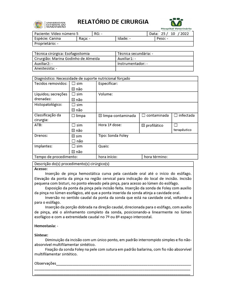Relatório Cirúrgico - Esofagostomia | PDF | Medicina Clínica ...