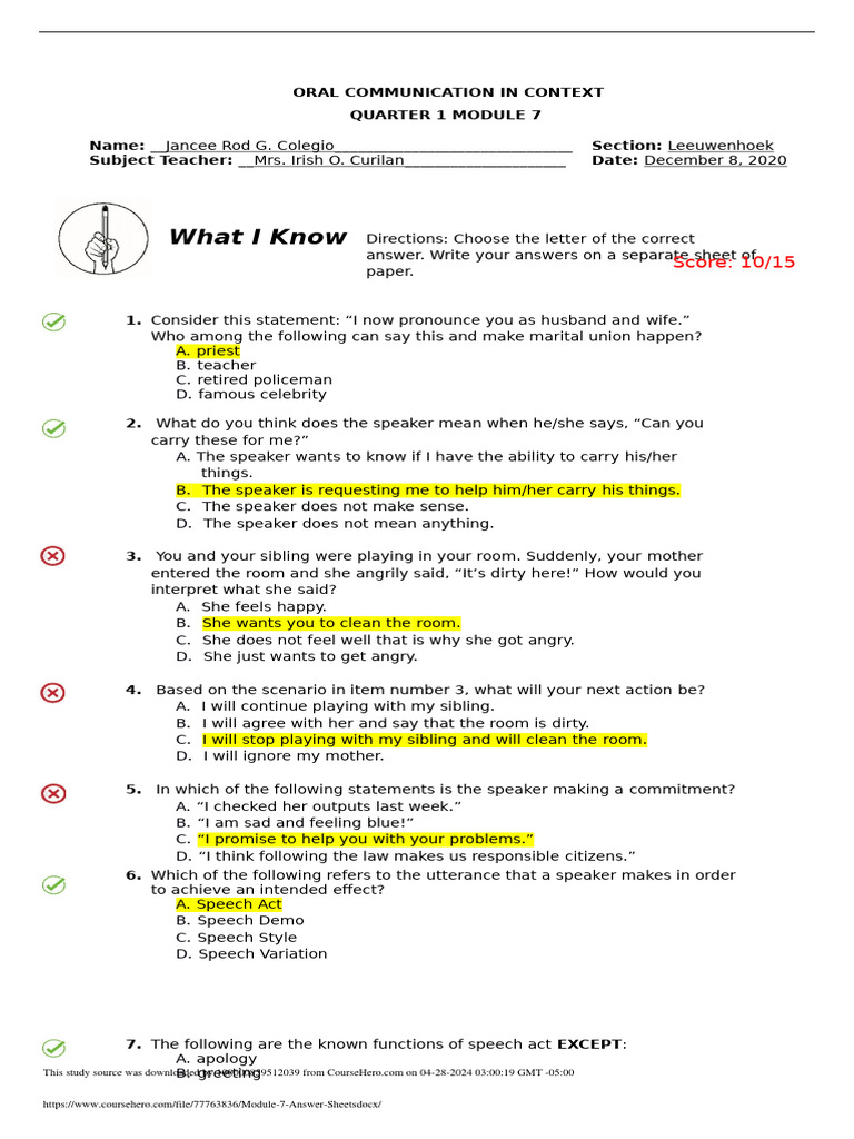 Module 7 Answer Sheets | PDF