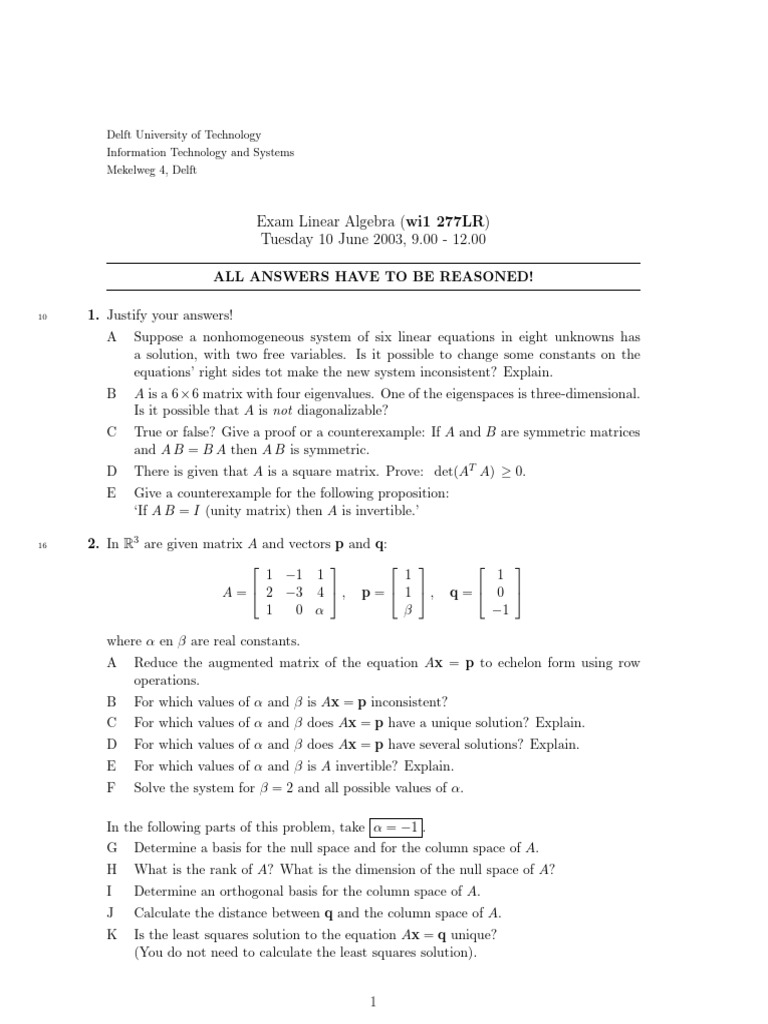 Linear Algebra Exam Questions and Solutions | PDF | Matrix (Mathematics ...
