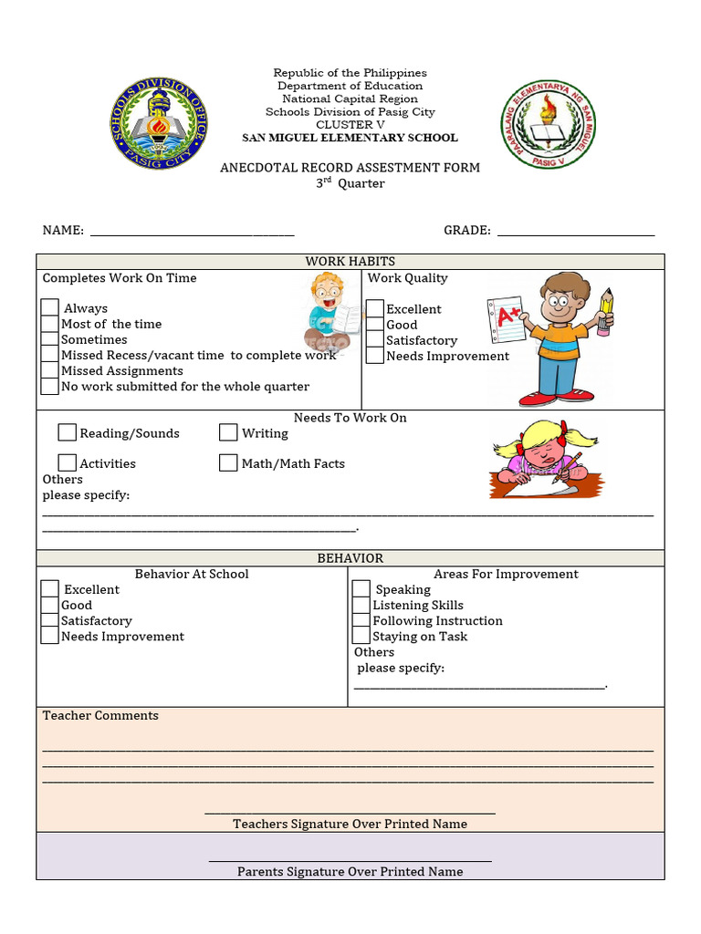 Anecdotal Record Assessment Form | PDF | Educational Assessment | Metro ...