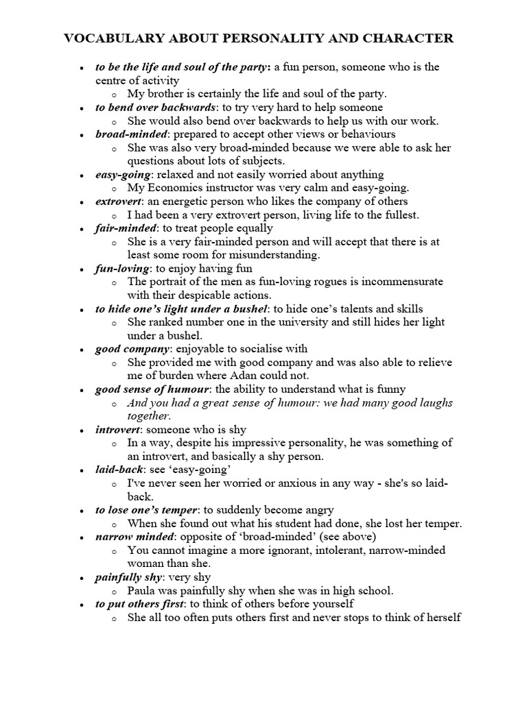 Vocabulary Character and Personality | PDF | Extraversion And ...