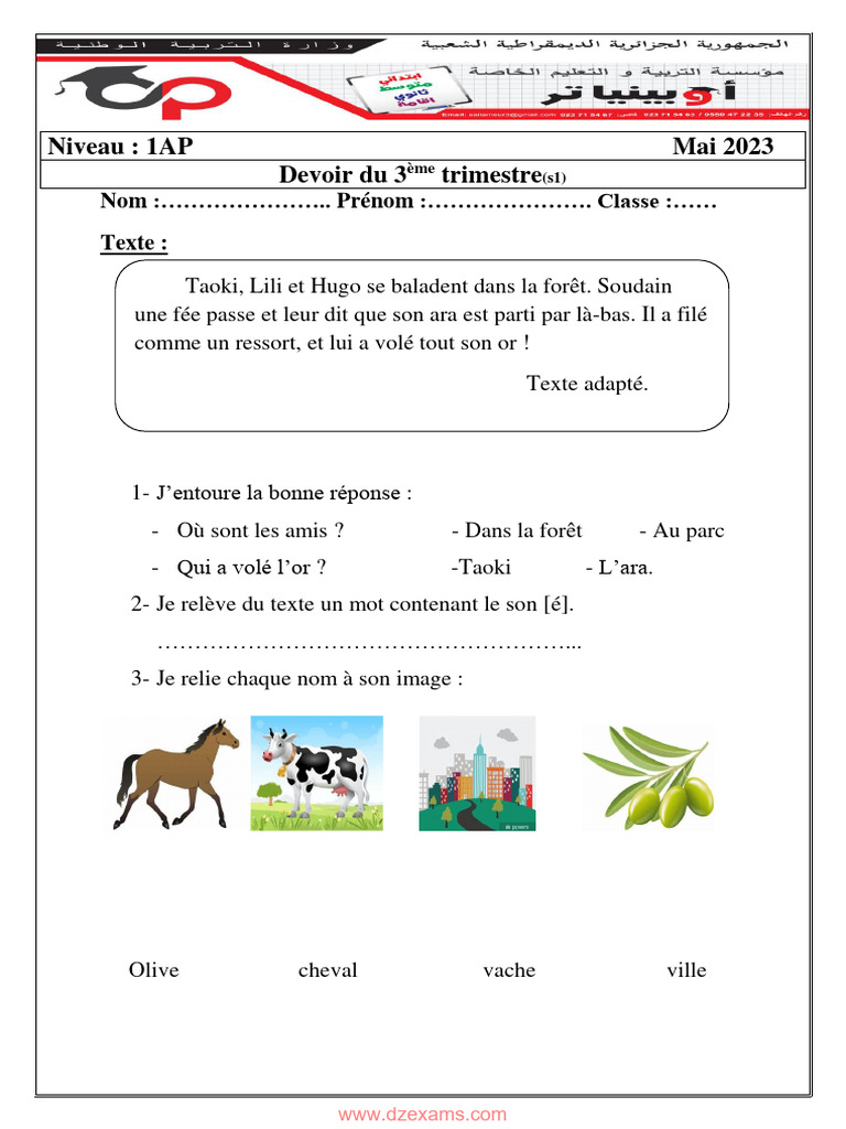 Devoir de français 1AP - Mai 2023 | PDF