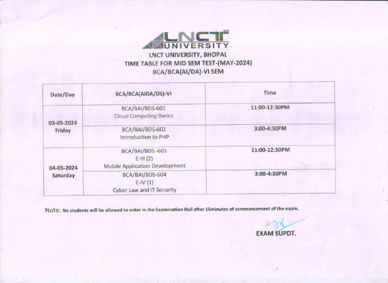 MidSem Time Table BCA-VI May-2024 | PDF